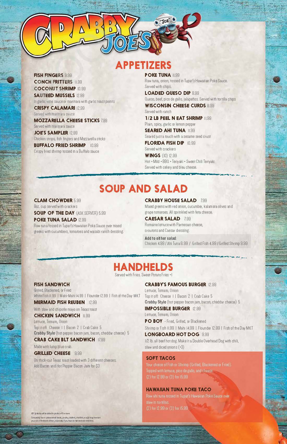 Menu at Crabby Joe's Deck & Grill pub & bar, Daytona Beach Shores