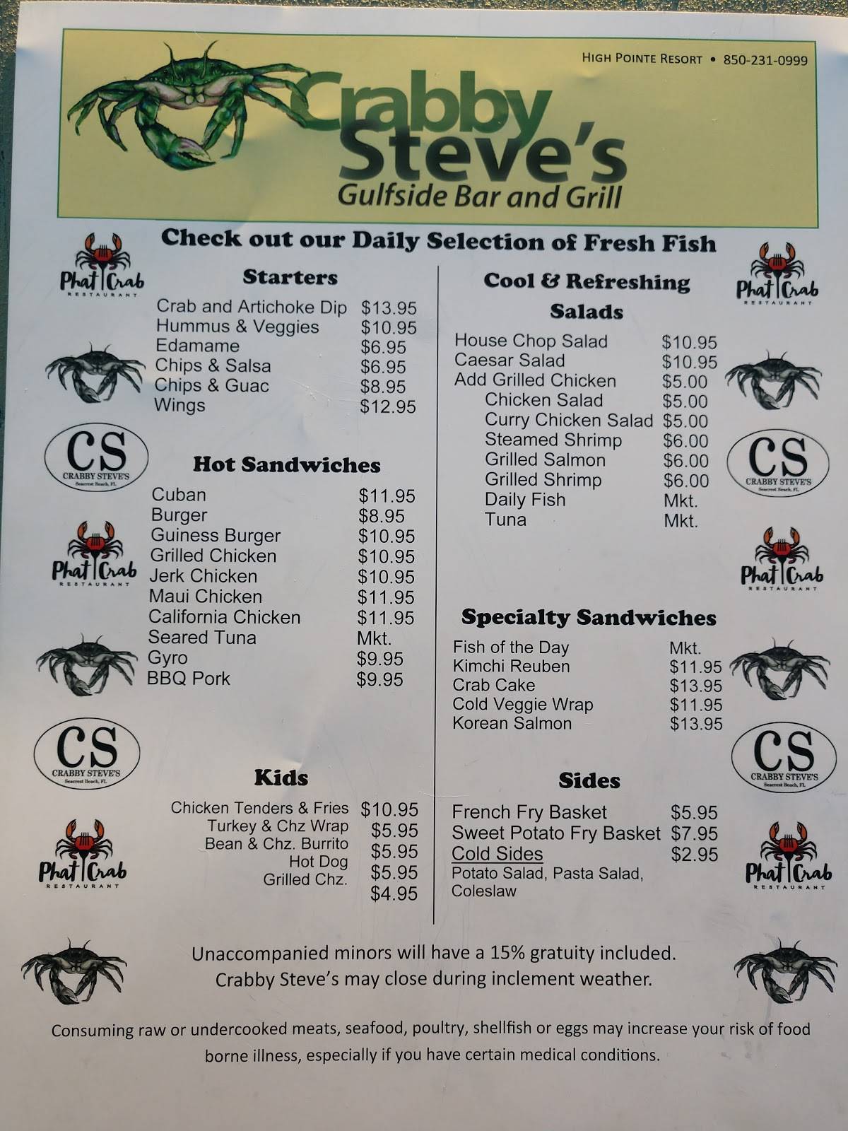 Menu at Crabby Steves Highpointe pub & bar, Rosemary Beach