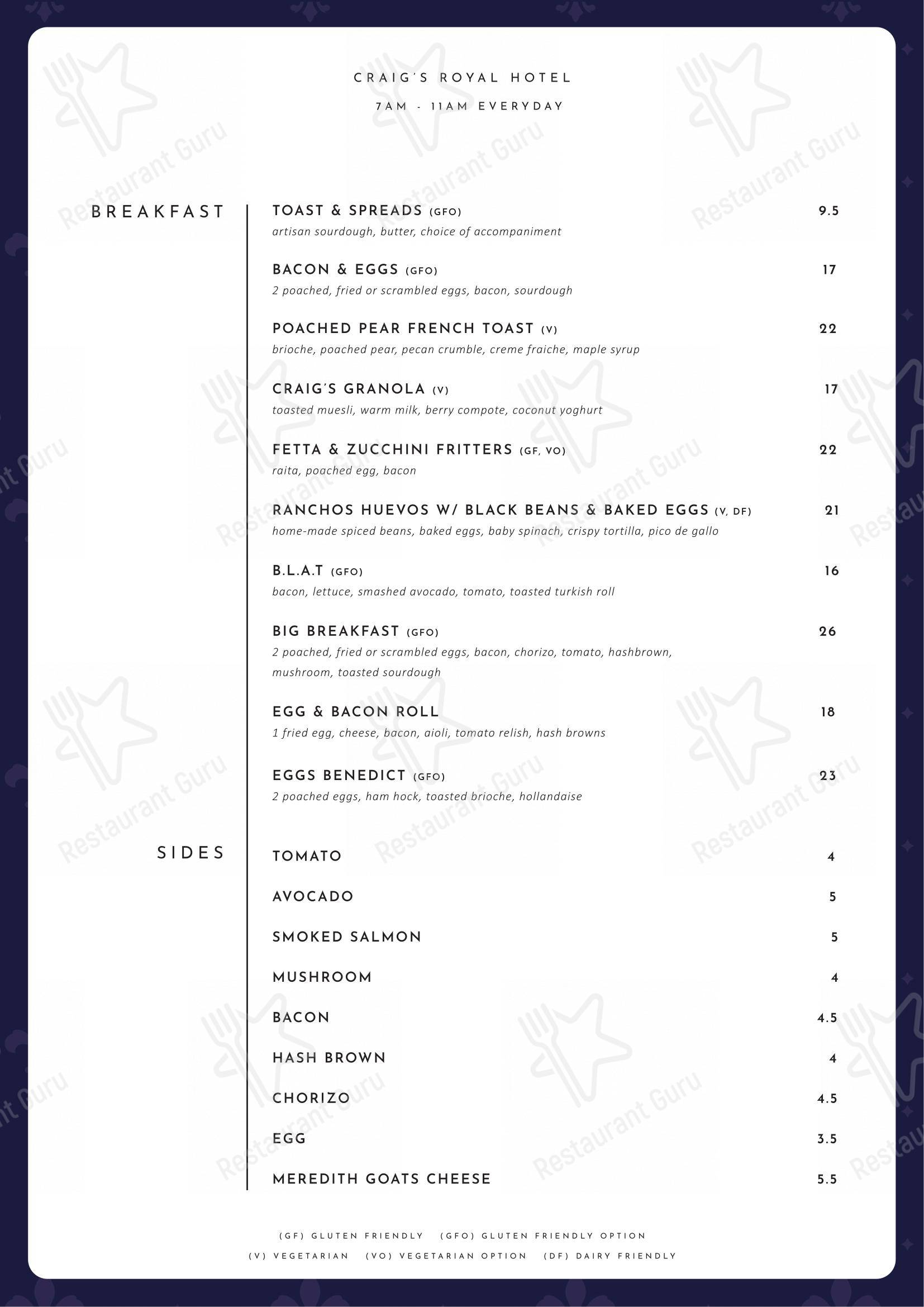 Menu at Craig's Royal Hotel pub & bar, Ballarat Central