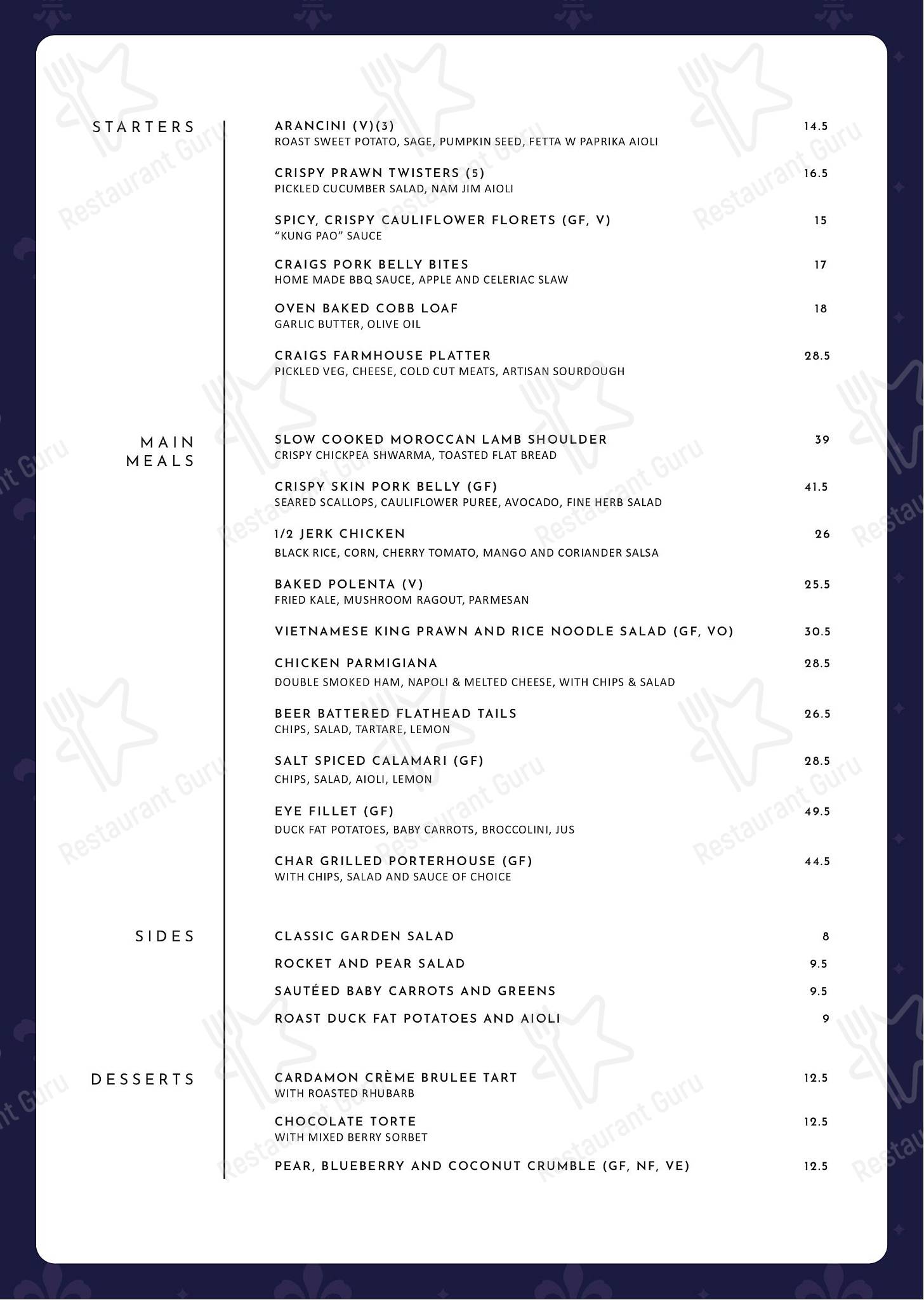 Menu at Craig's Royal Hotel pub & bar, Ballarat Central