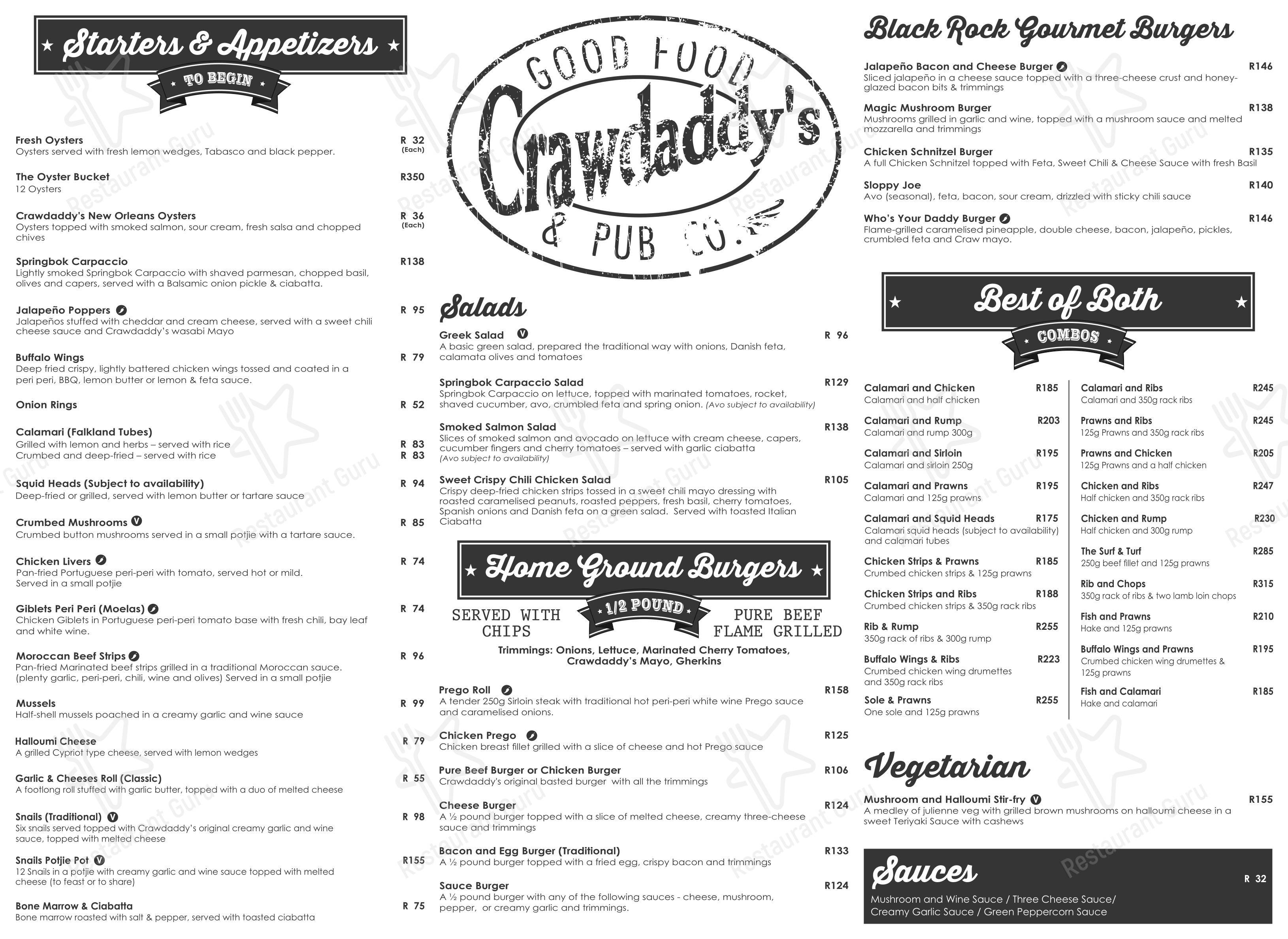 Menu at Crawdaddy's Restaurant, Tzaneen