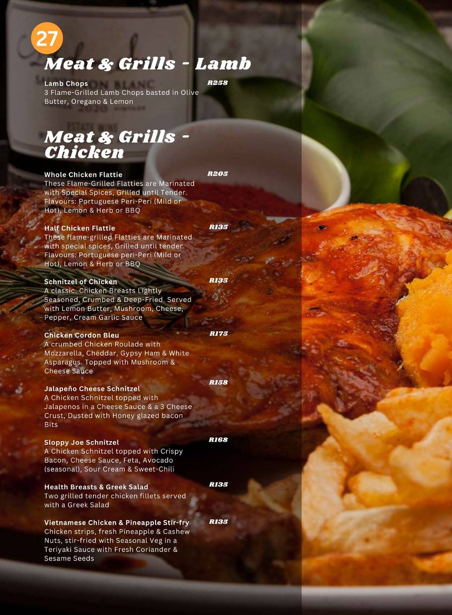Menu at Crawdaddy's Tzaneen restaurant, Tzaneen