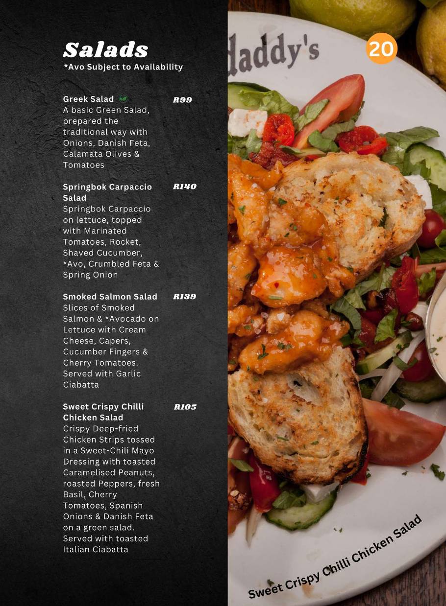 Menu at Crawdaddy's Tzaneen restaurant, Tzaneen