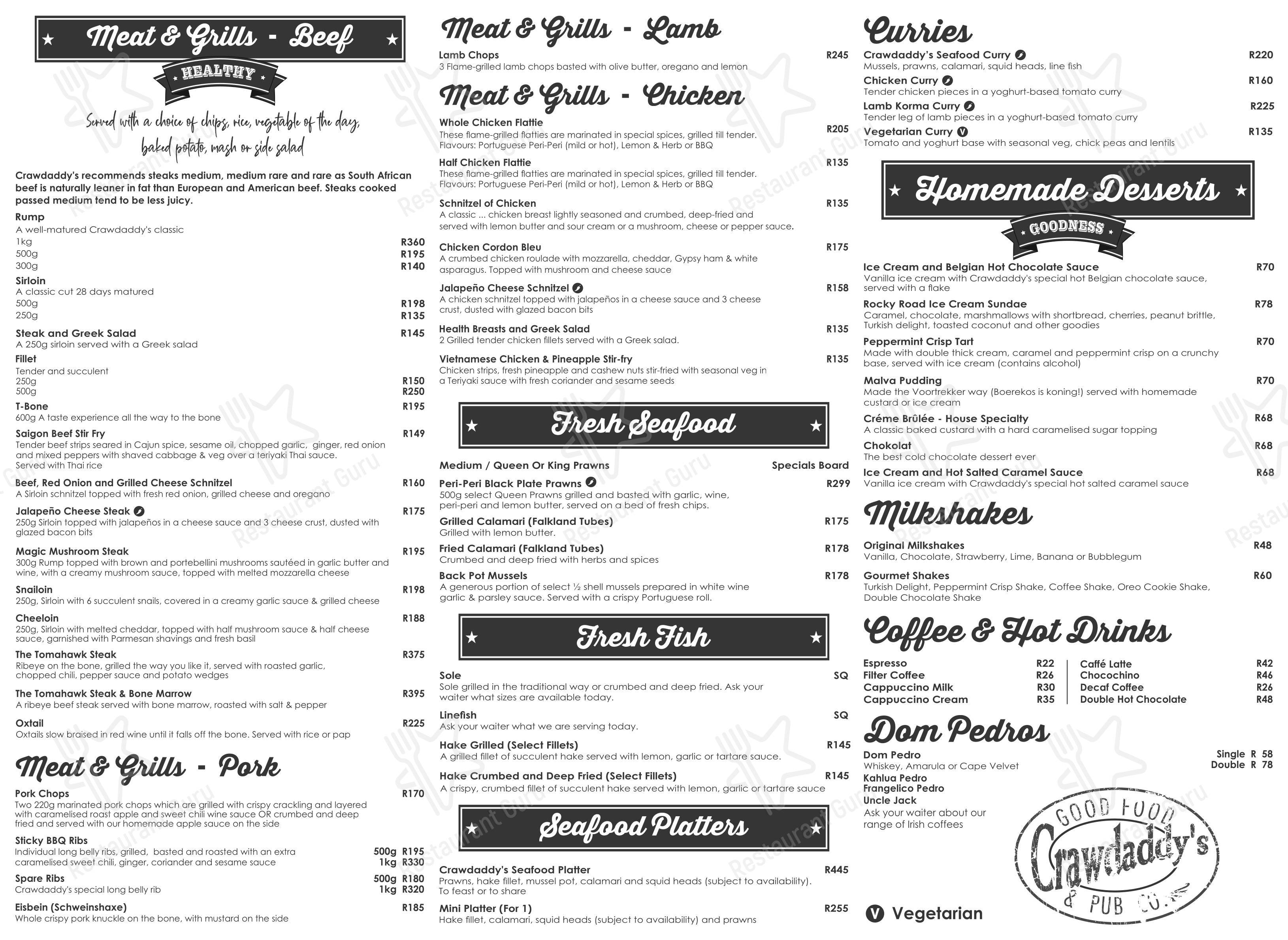 Menu at Crawdaddy's Restaurant, Tzaneen