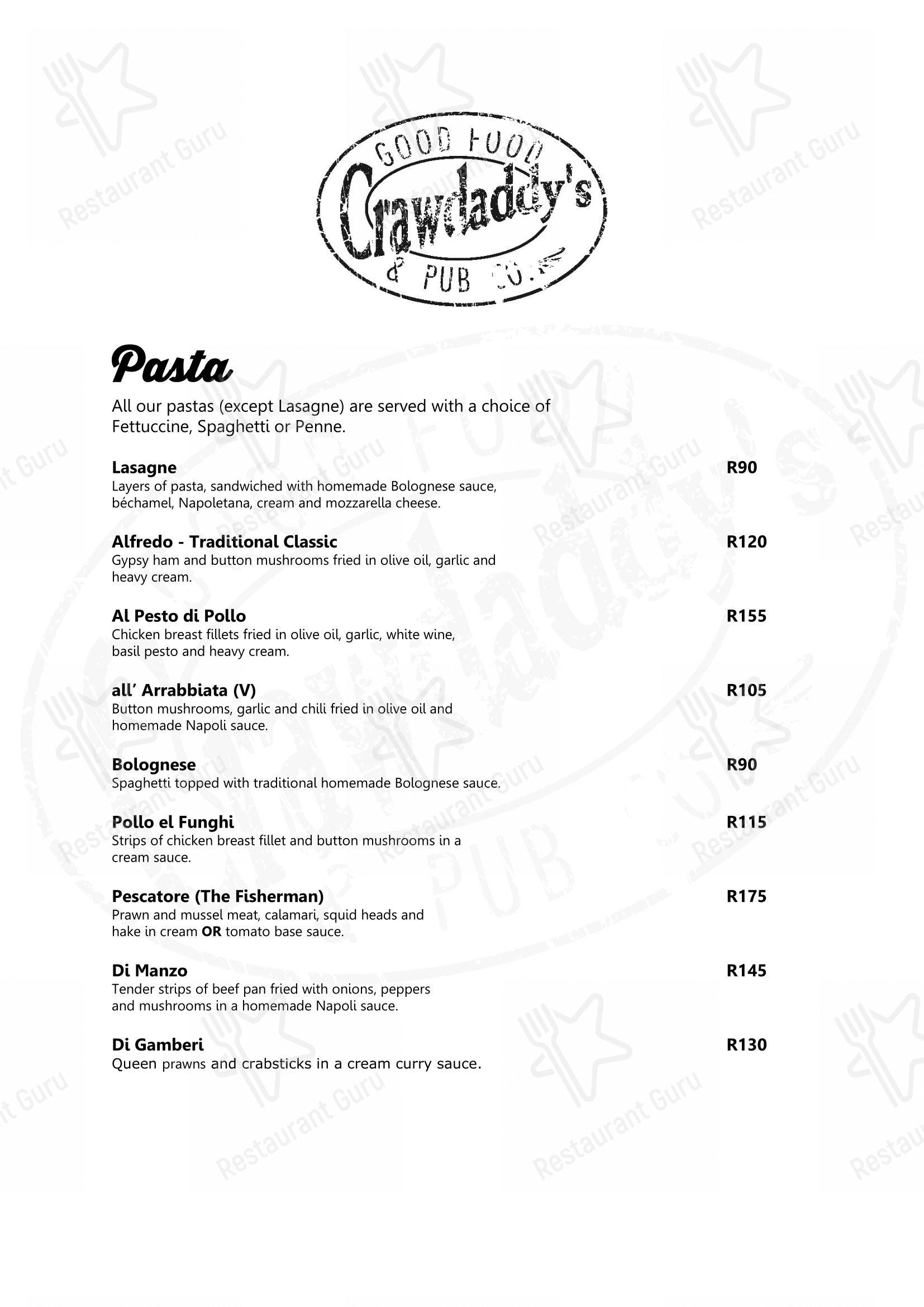 Menu at Crawdaddy's Restaurant, Tzaneen