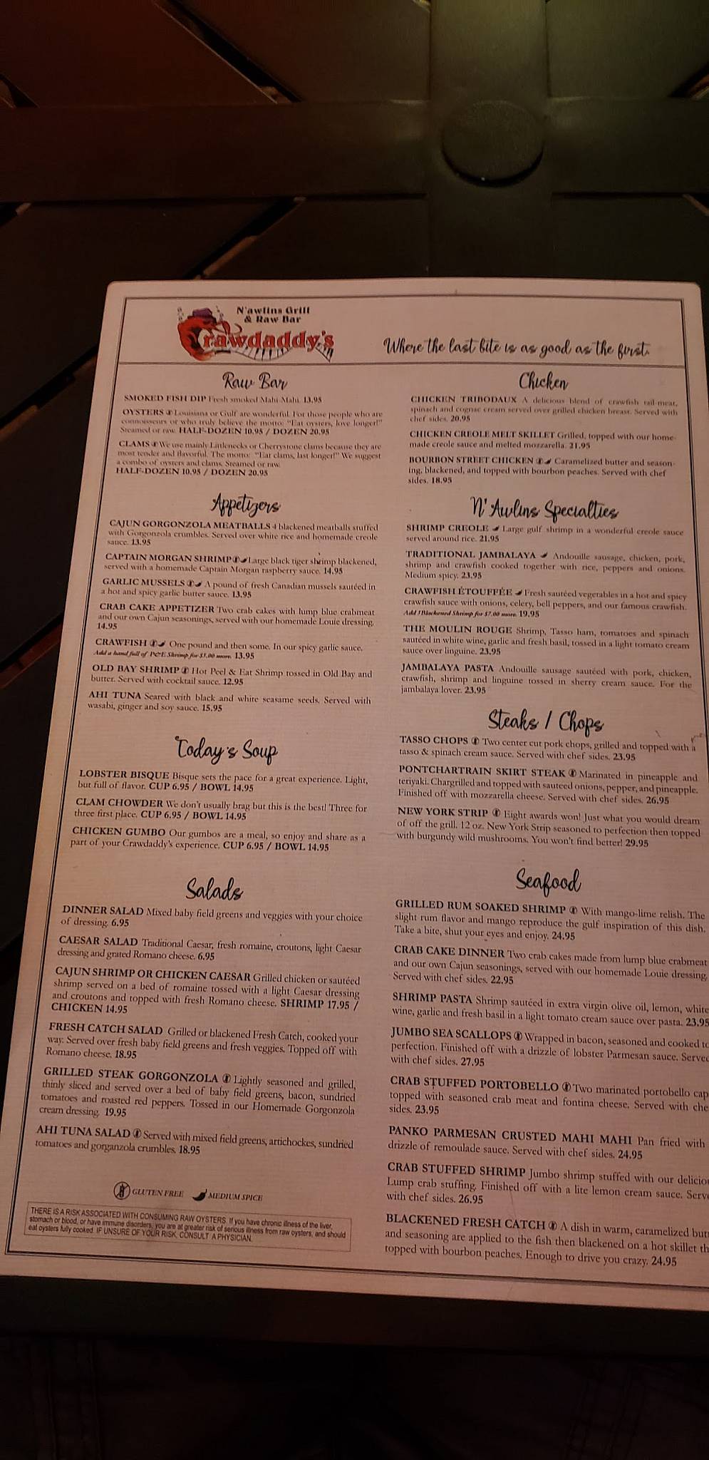Menu at Crawdaddy's Grill and Raw Bar, Jensen Beach