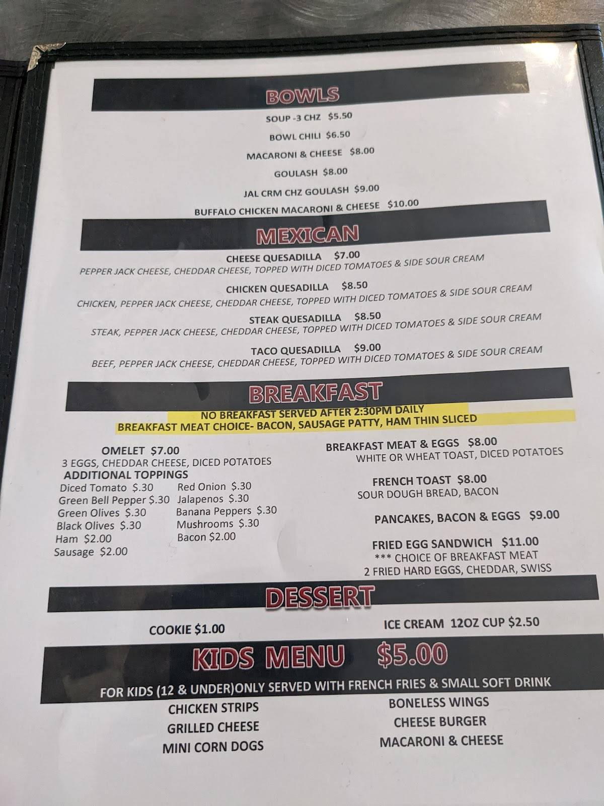Menu at Credo’s Pub, Sioux Falls