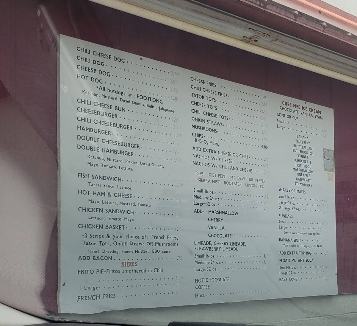 Menu at Cree-Mee Drive-In restaurant, Eldon