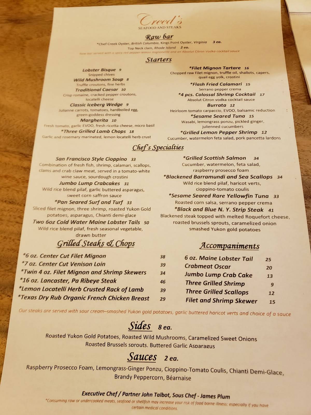 Menu at Creed's Seafood & Steaks pub & bar, King of Prussia