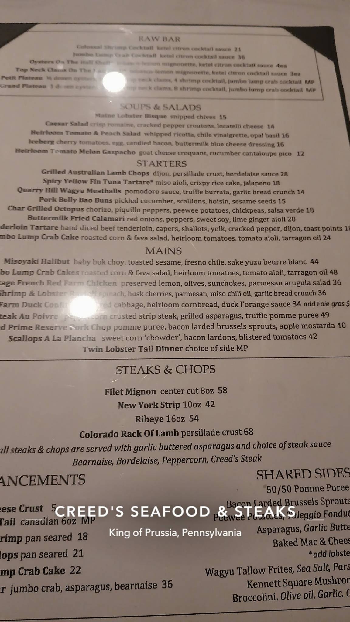 Menu at Creed's Seafood & Steaks pub & bar, King of Prussia