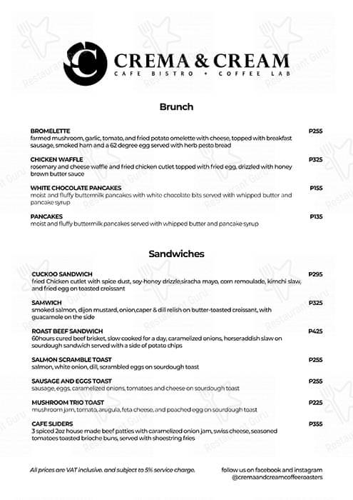 Menu at Crema & Cream Cafe Bistro + Coffee Lab, Quezon City