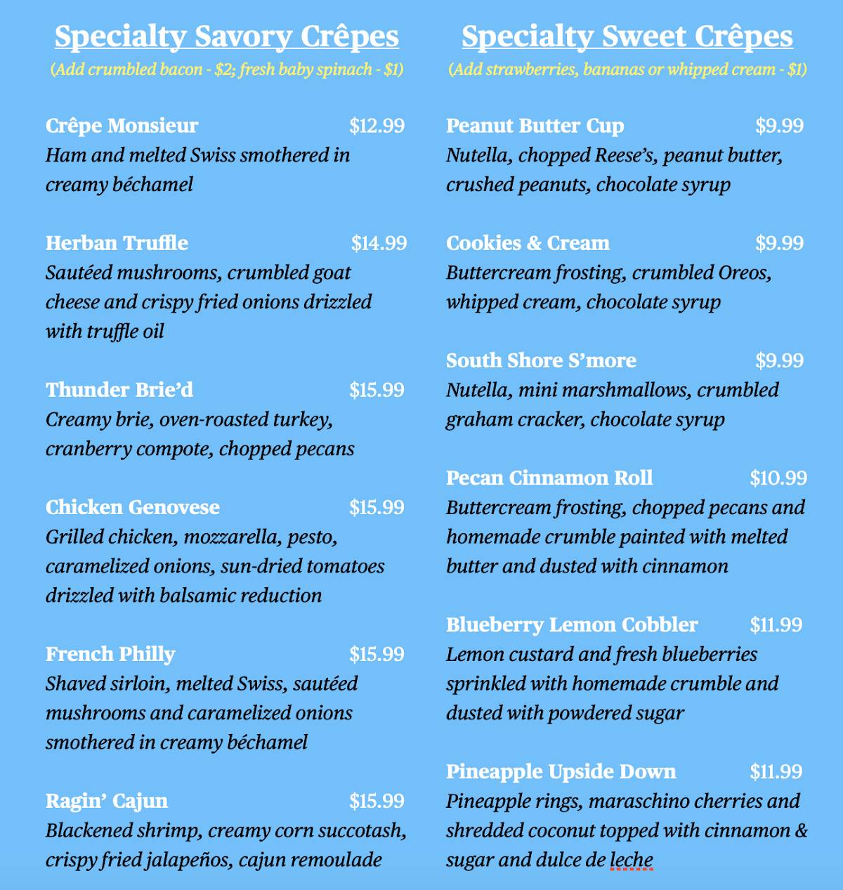Menu at Crepes & Craft restaurant, Reno, 299 E Plumb Ln SUITE 180-P