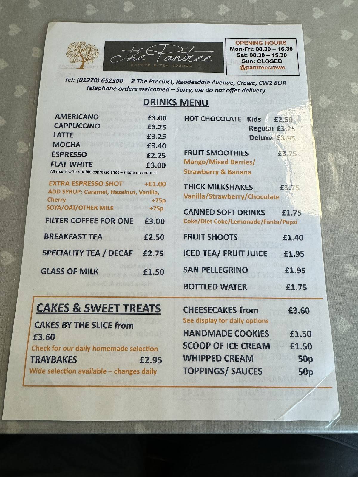 Menu at The Pantree cafe, Crewe