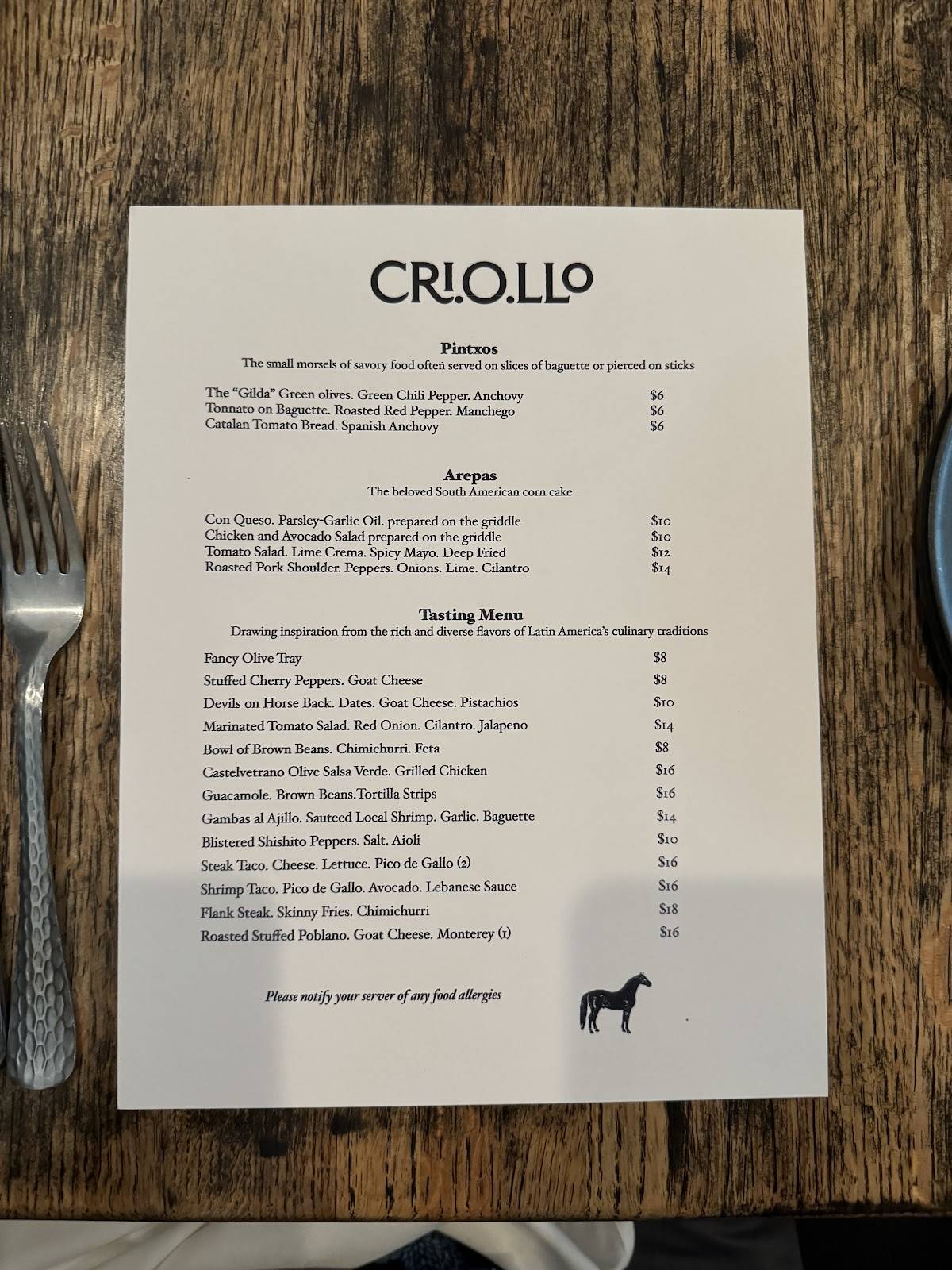 Menu at Criollo restaurant, Beaufort