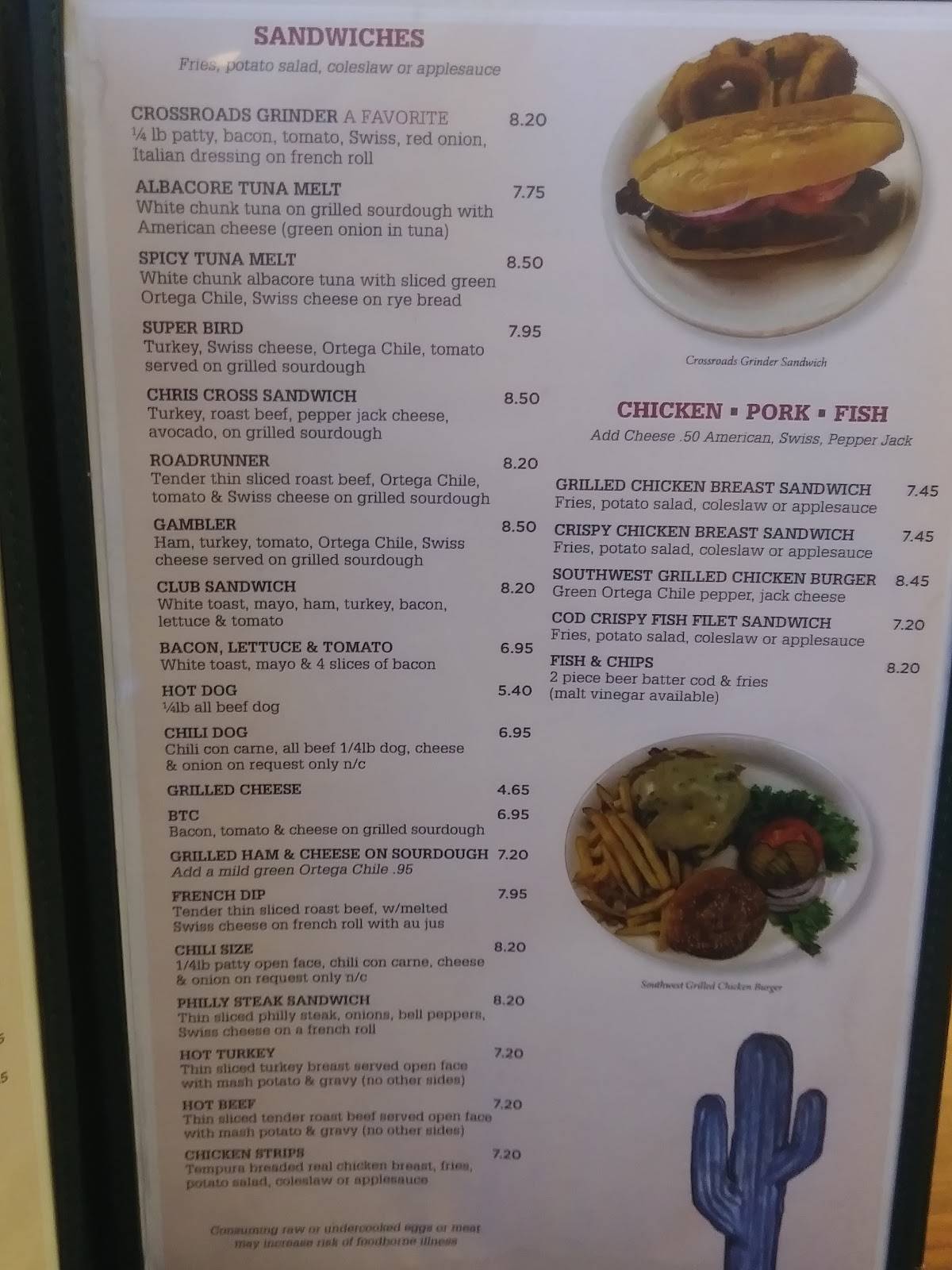 Menu at Crossroads cafe, Parker