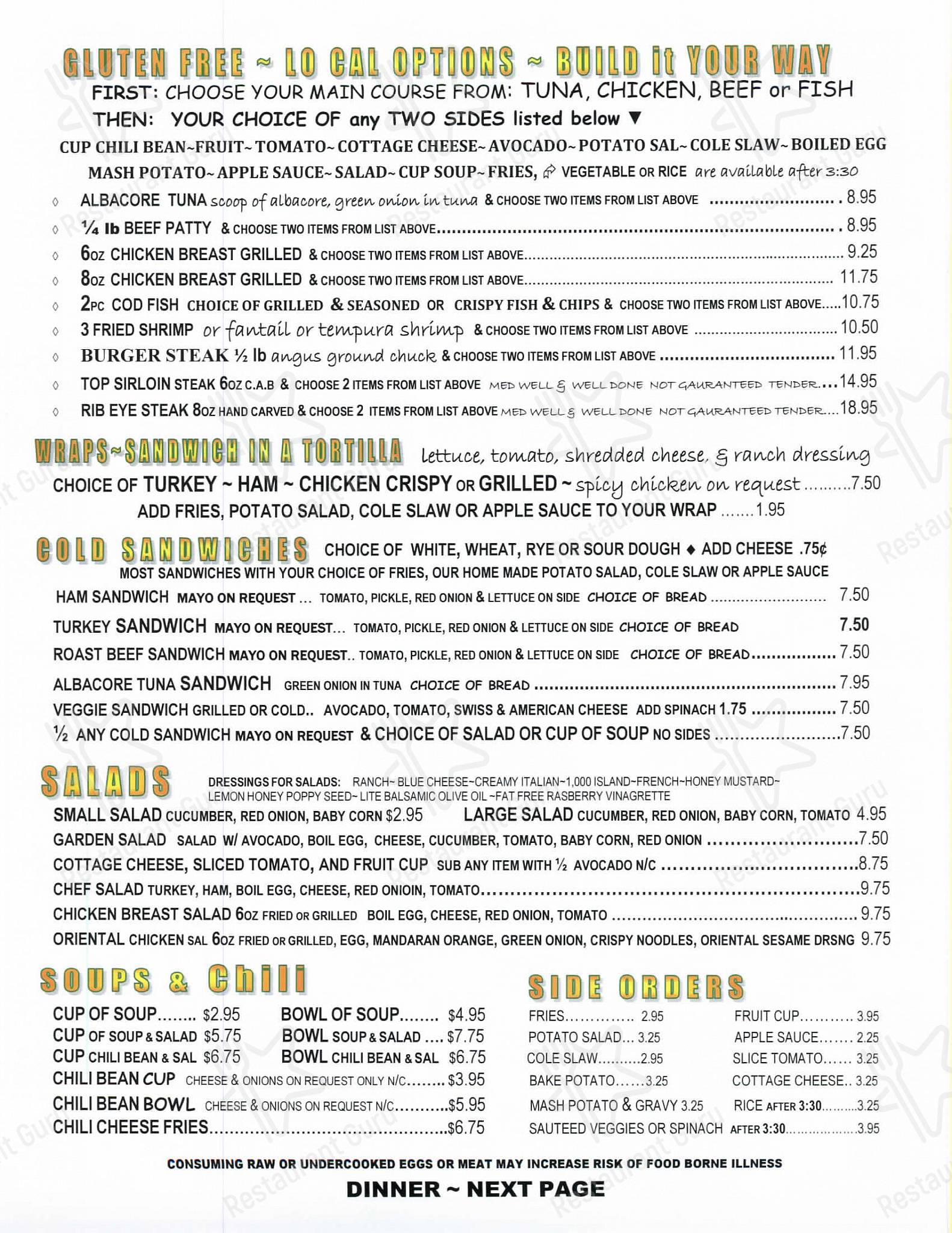 Menu at Crossroads cafe, Parker