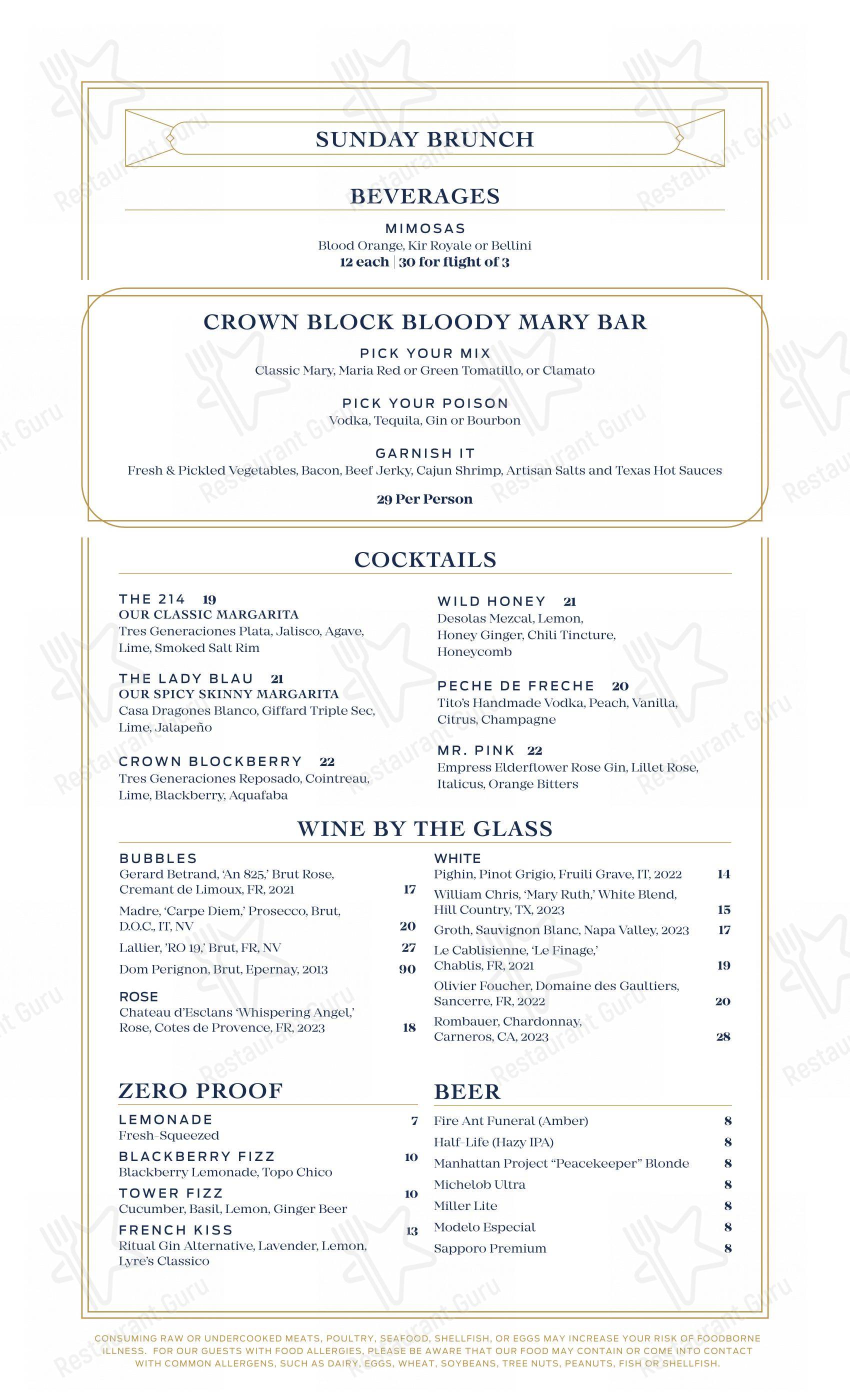 Menu at Crown Block restaurant, Dallas