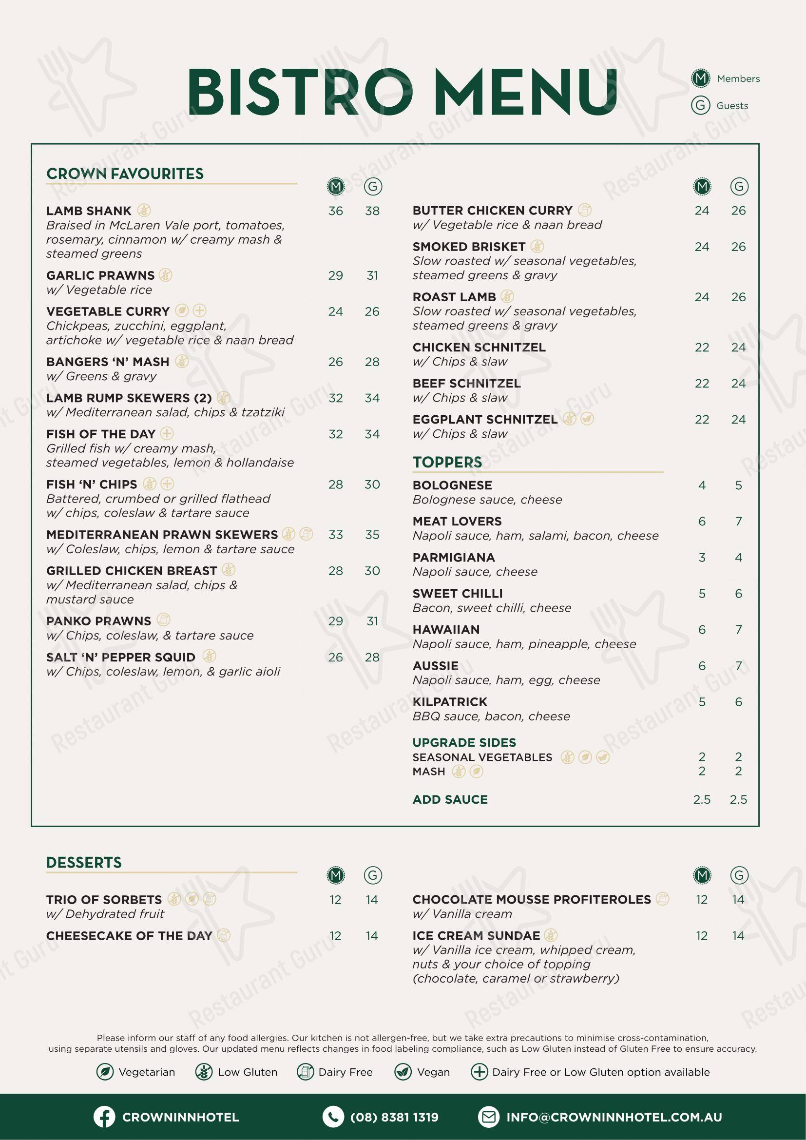 Menu at Crown Inn Old Reynella pub & bar, Old Reynella