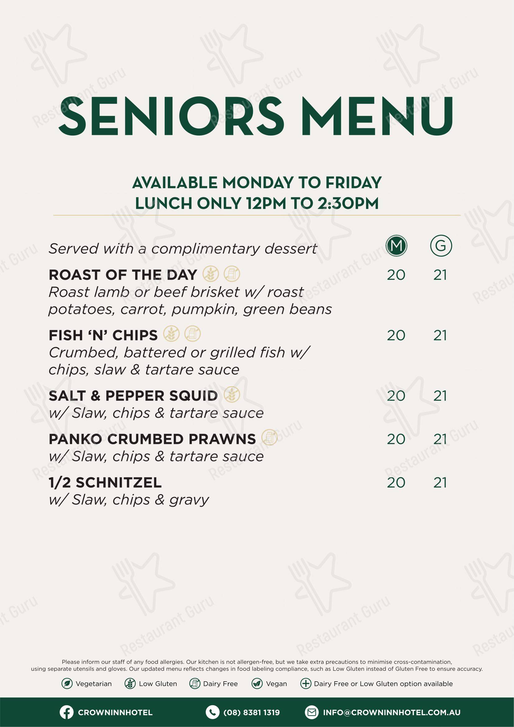 Menu at Crown Inn Old Reynella pub & bar, Old Reynella