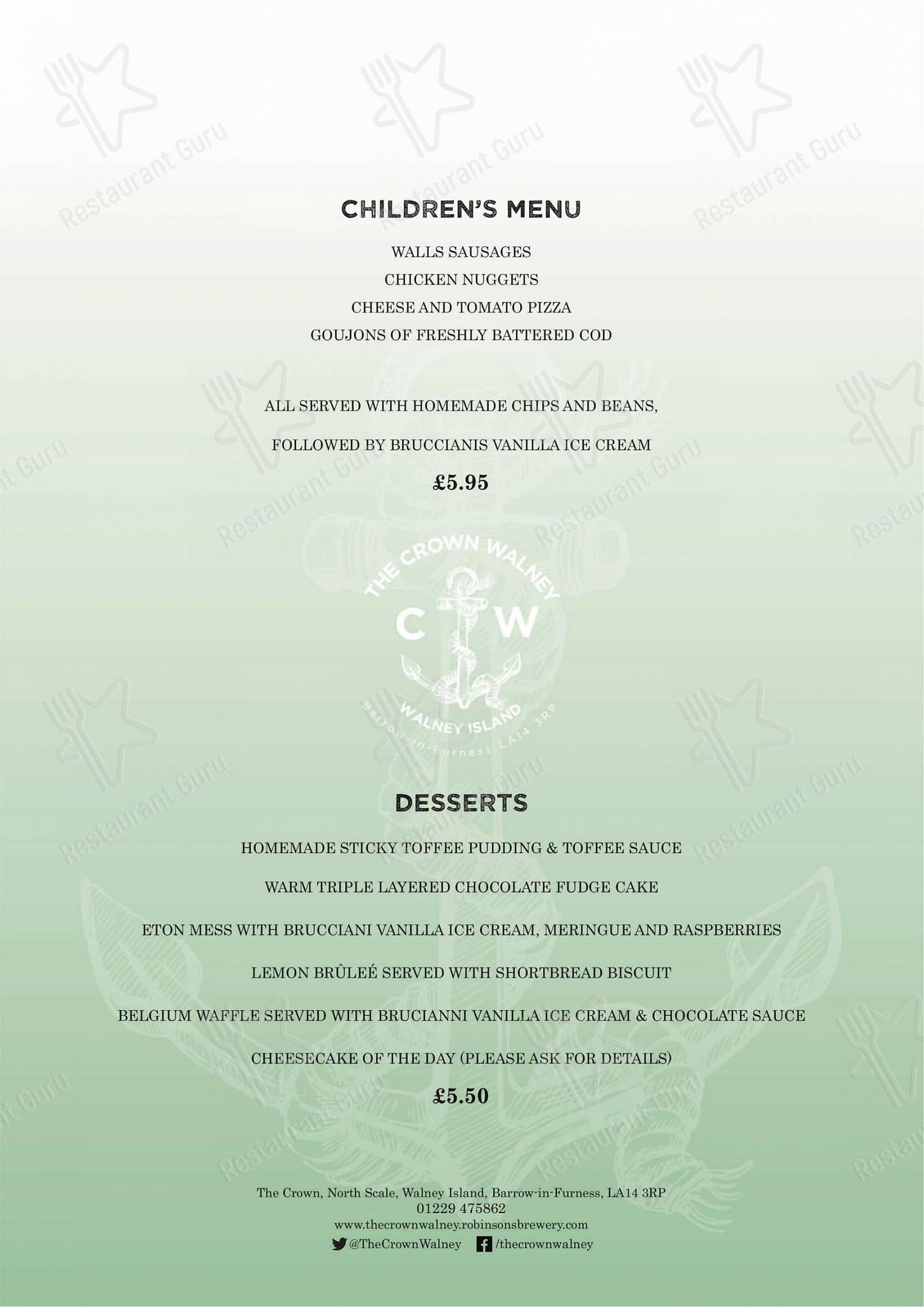 Menu at The Crown, Walney pub & bar, Barrow-in-Furness