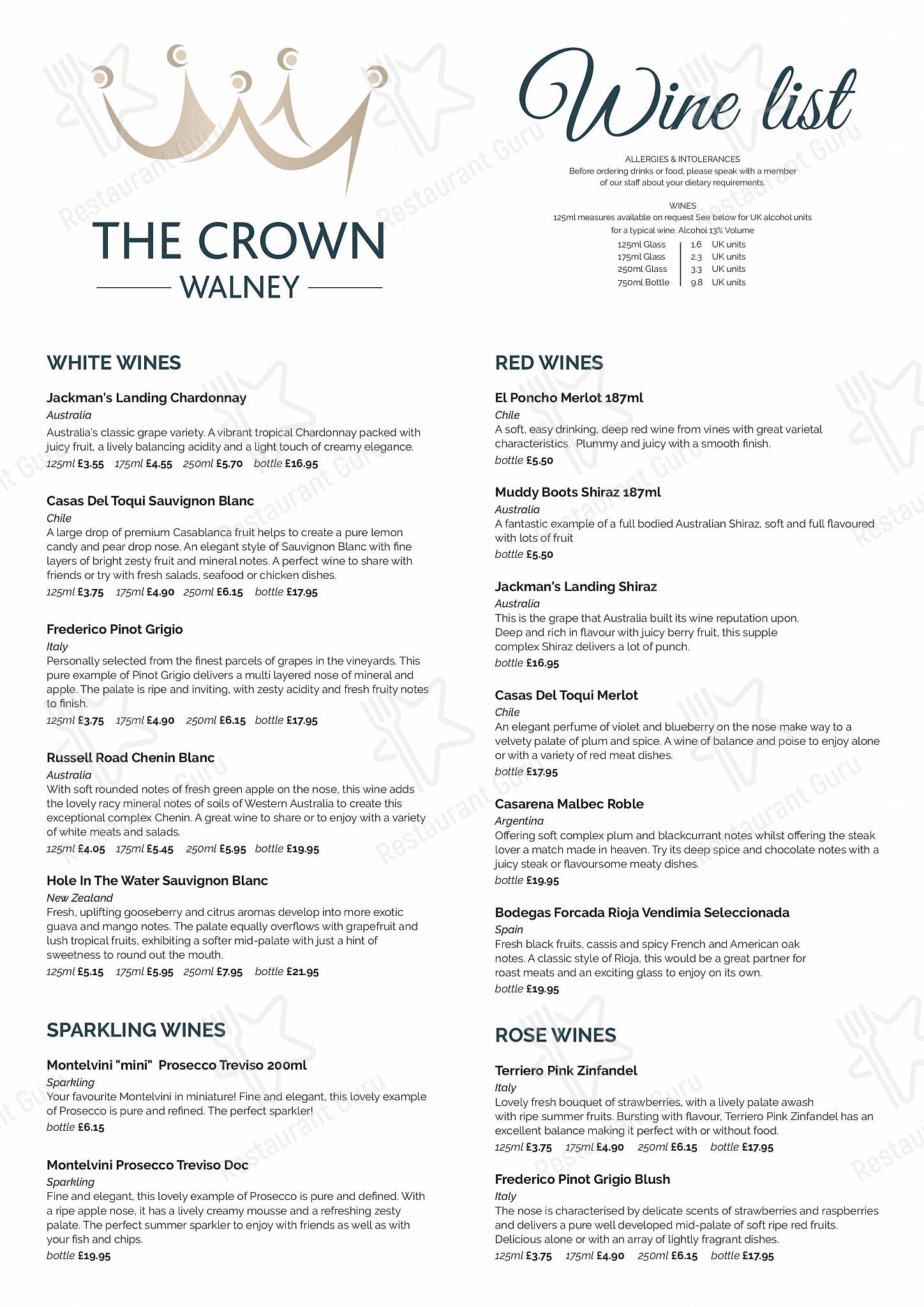 Menu at The Crown, Walney pub & bar, Barrow-in-Furness