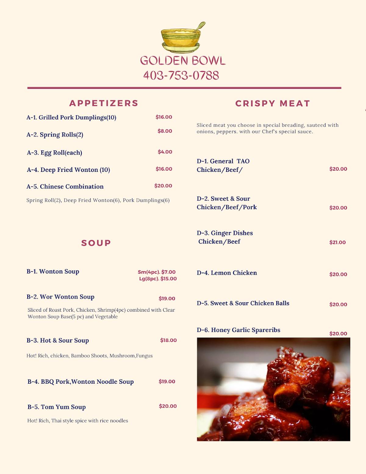 Menu at Golden Bowl restaurant, Crowsnest Pass