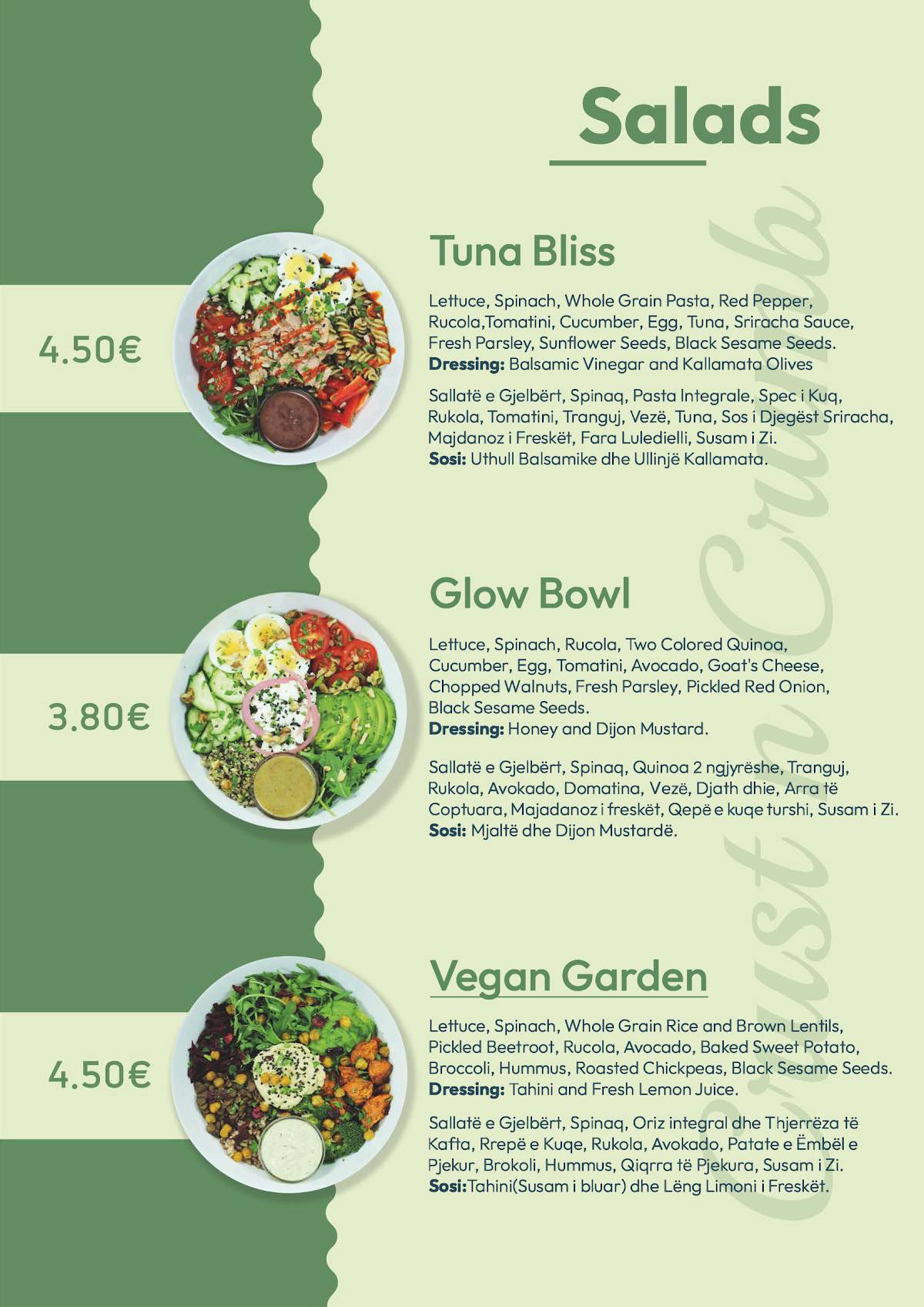 Menu at Crust n Crumb restaurant, Prishtina