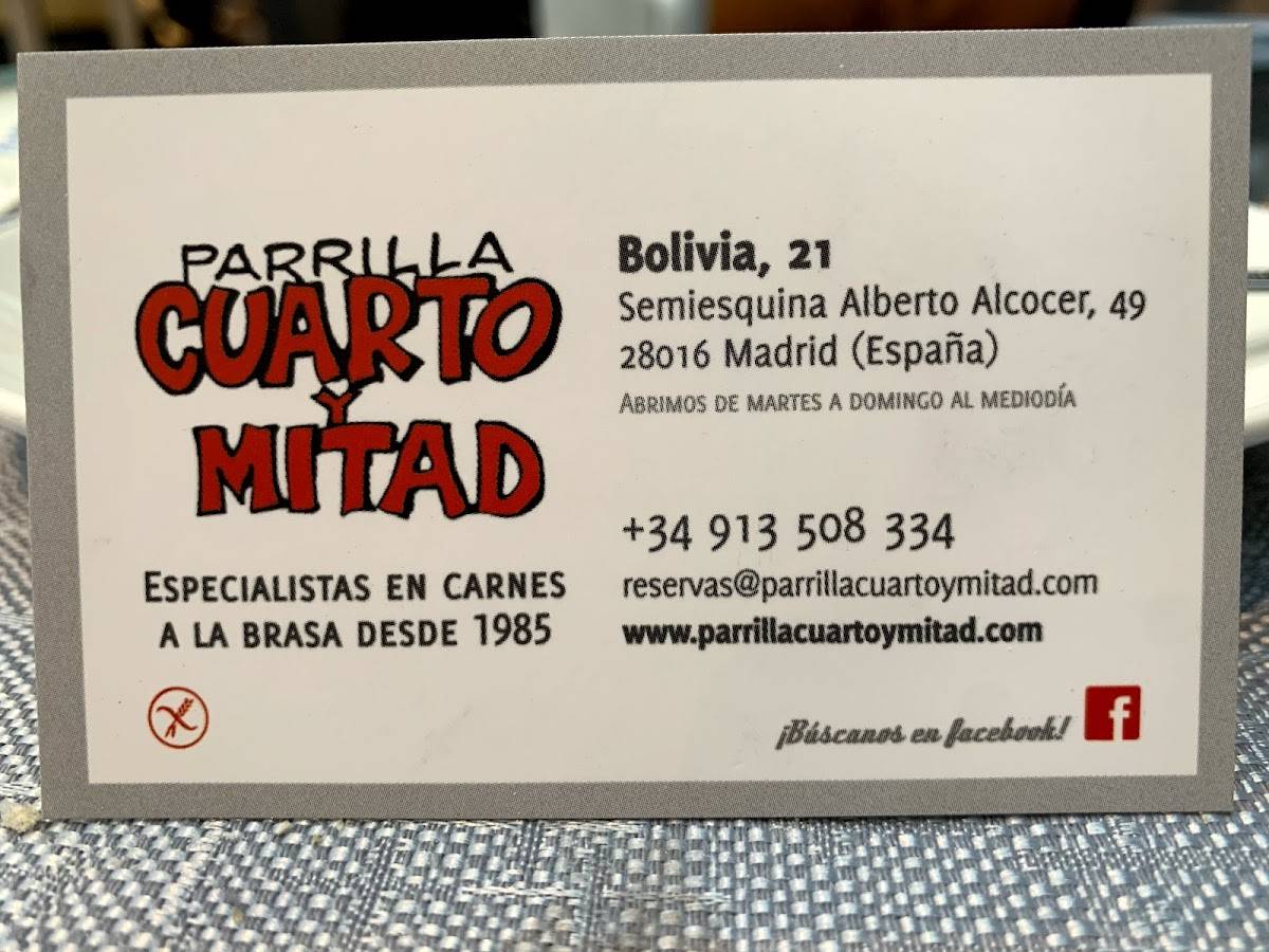 Carta de barbacoa Cuarto y Mitad, Madrid