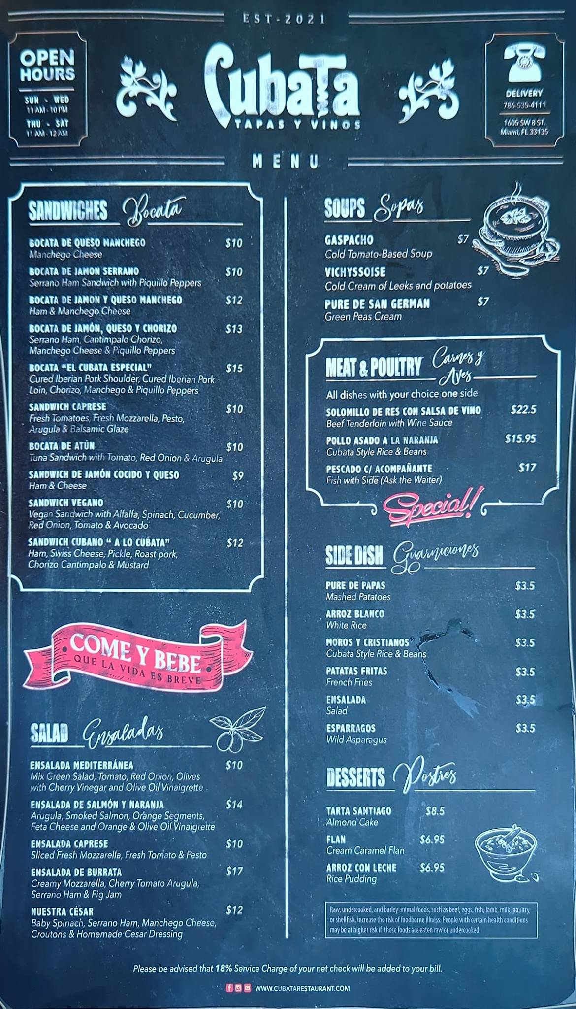Menu at Cubata restaurant, Miami