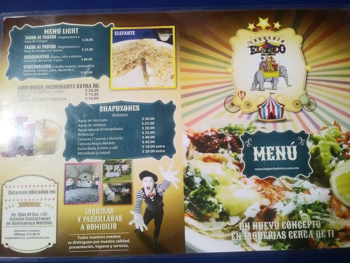 Menu at Taquería el circo restaurant, Cuernavaca, Blvd. Gustavo Díaz ...