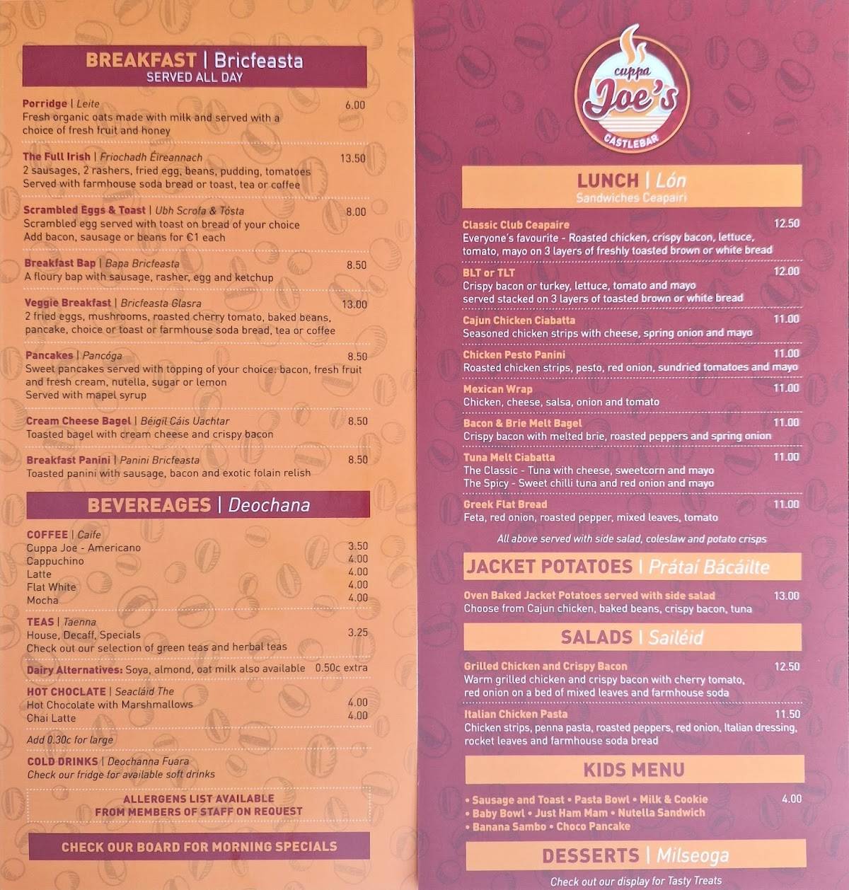 Menu at Cuppa Joe's cafe, Castlebar