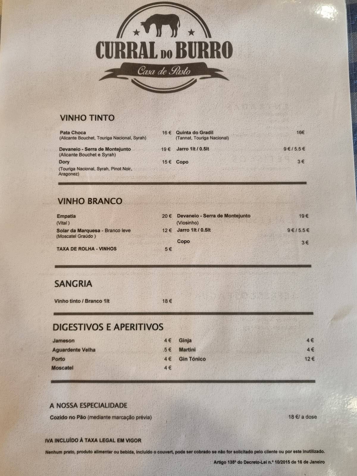 Menu em Curral do Burro restaurante, Vila Verde dos Francos