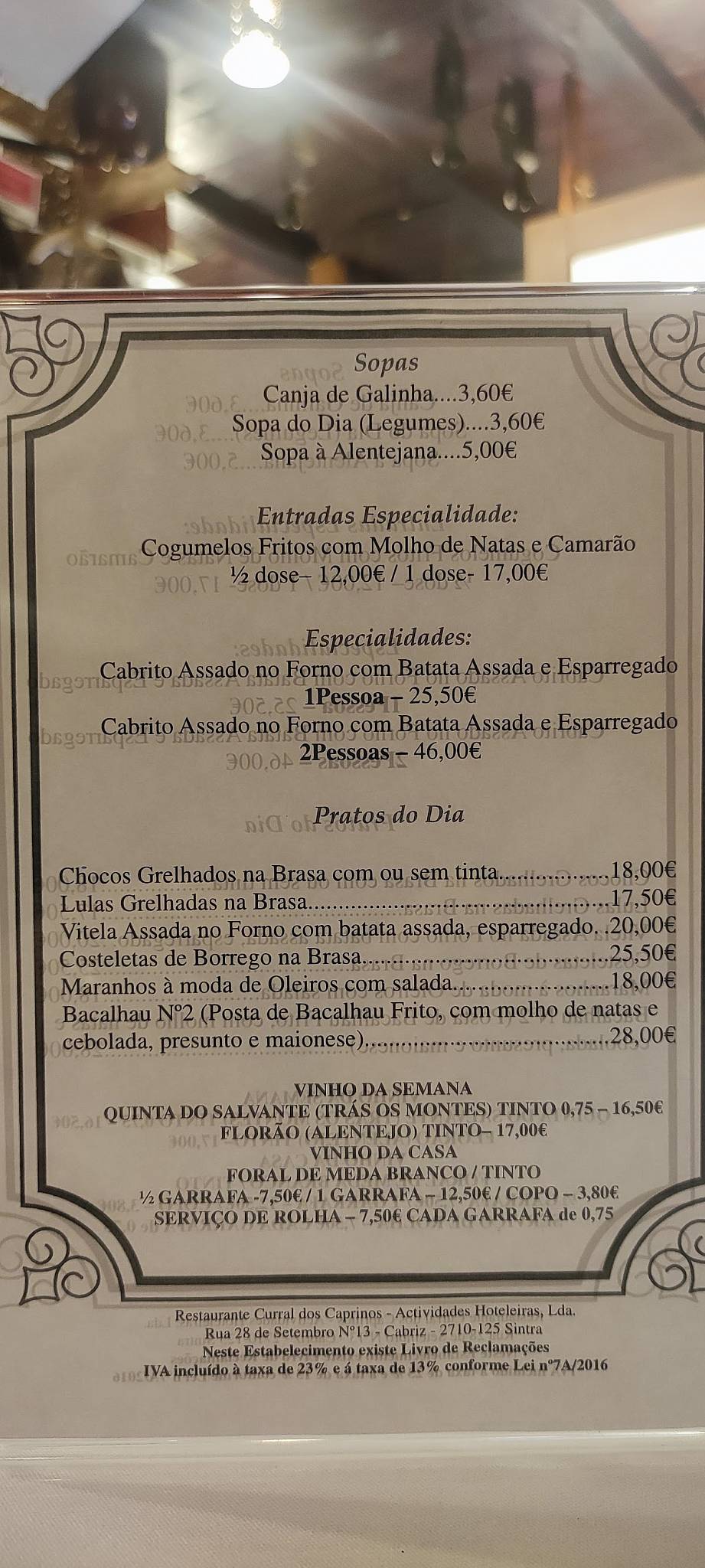 Menu em Curral dos Caprinos restaurante, Sintra, R. 28 de Setembro