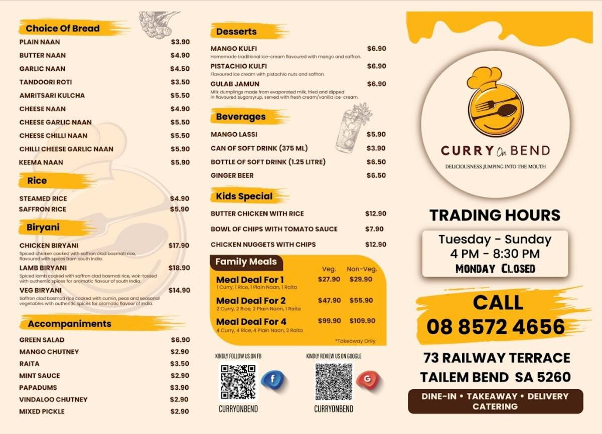 Menu at Curry onn Bend restaurant, Tailem Bend