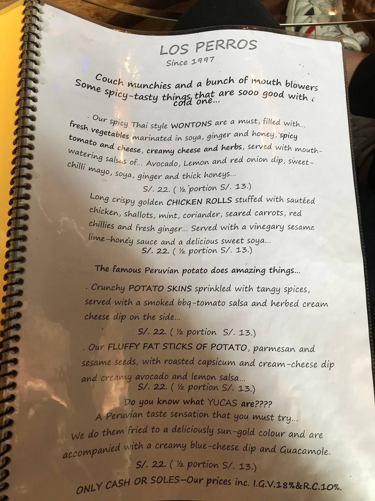Carta del restaurante Los Perros, cusco, Cusco, Tecsecocha 282