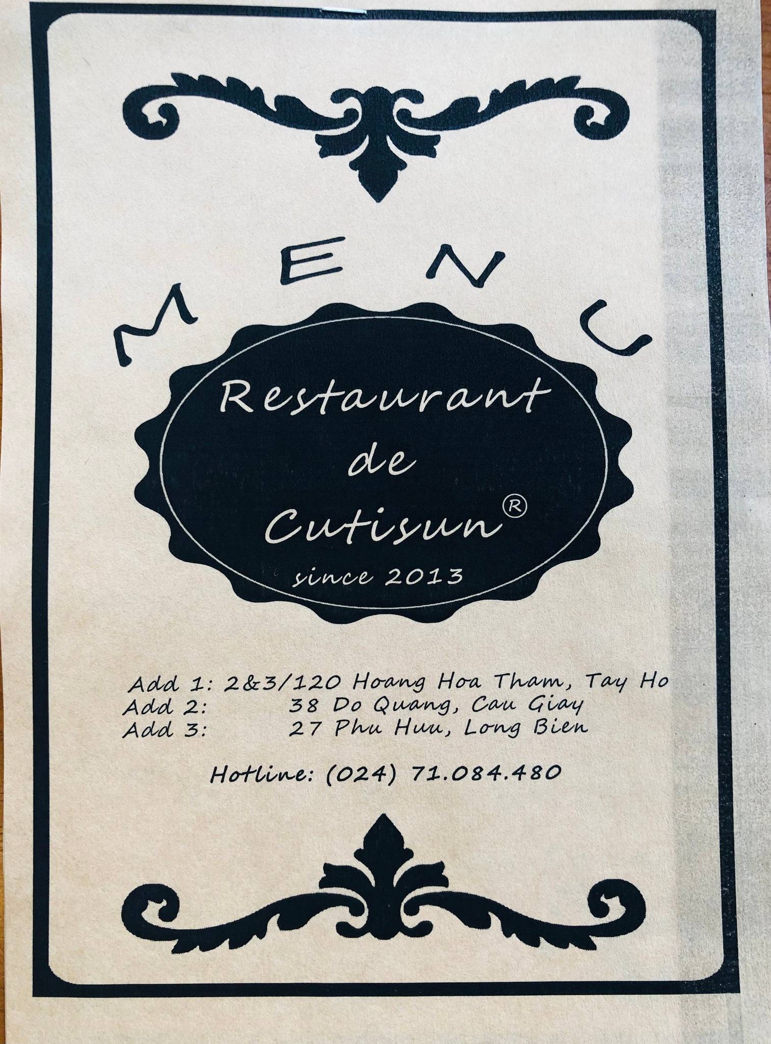 Menu at Cutisun Steak House 2 restaurant, Hanoi