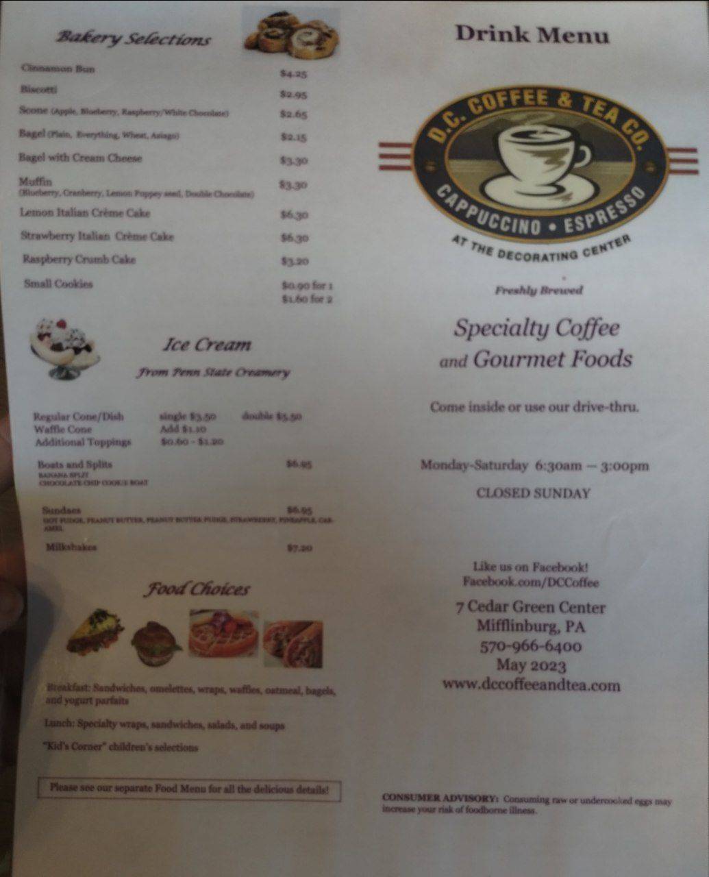 Menu at DC Coffee & Tea Co cafe, Mifflinburg