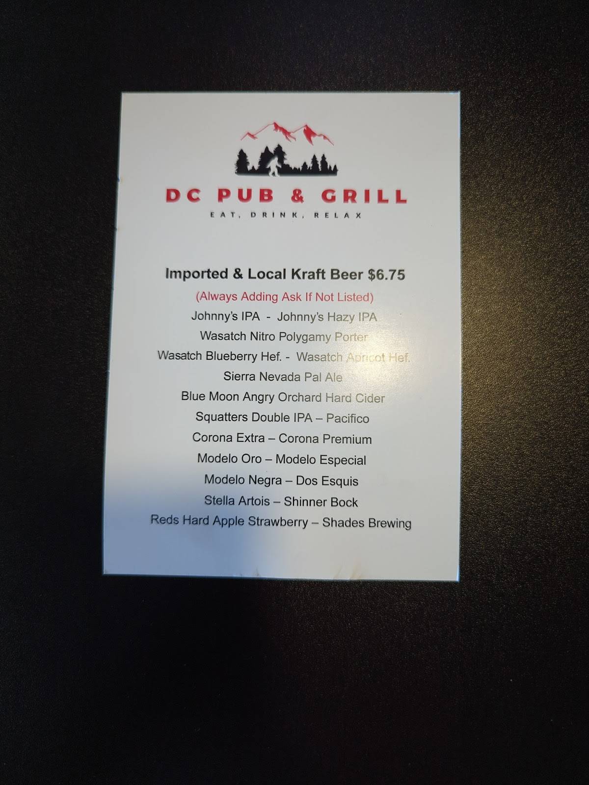 Menu at DC Pub & Grill, Cedar City