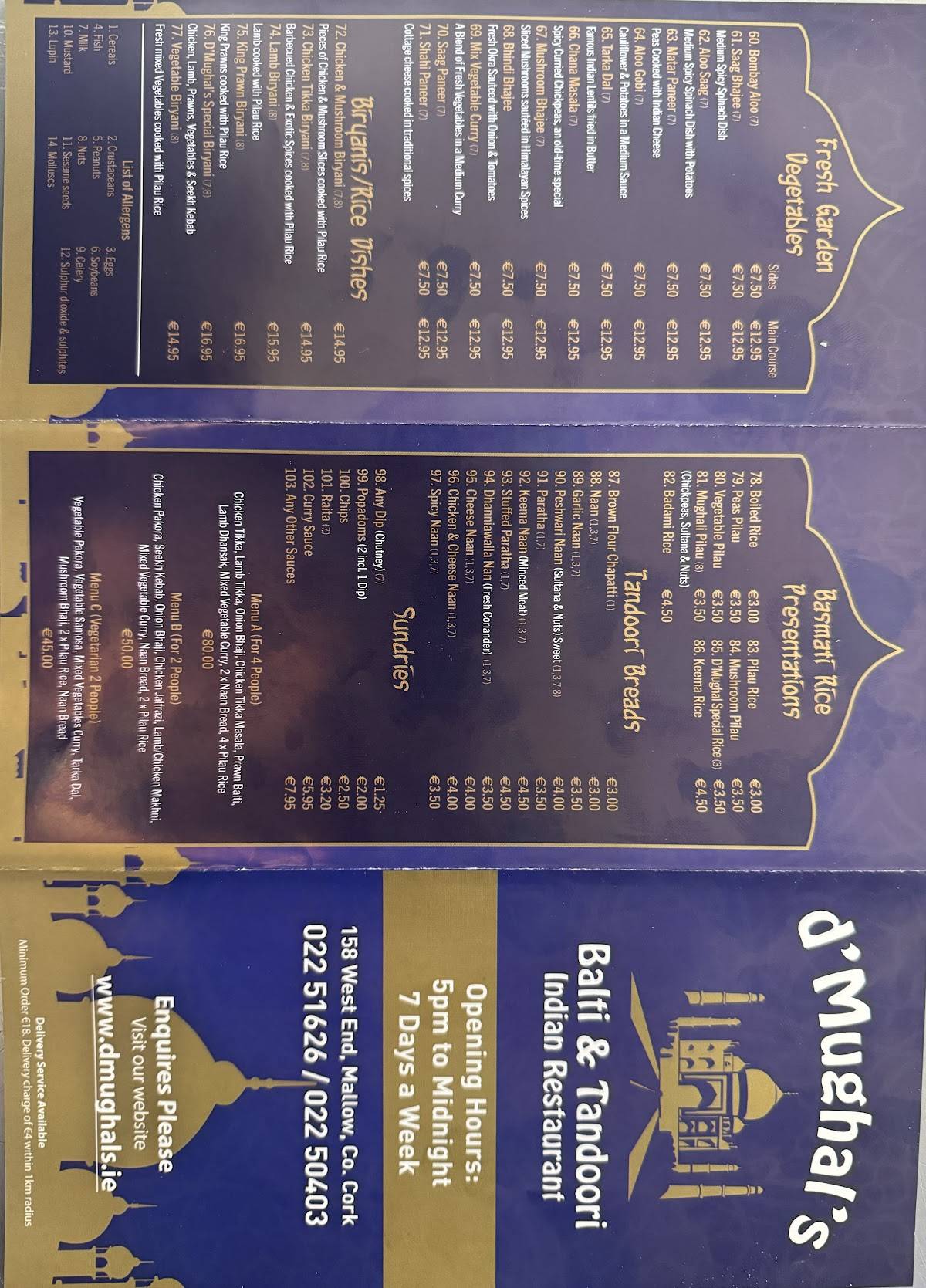 Menu at D’Mughals restaurant, Mallow