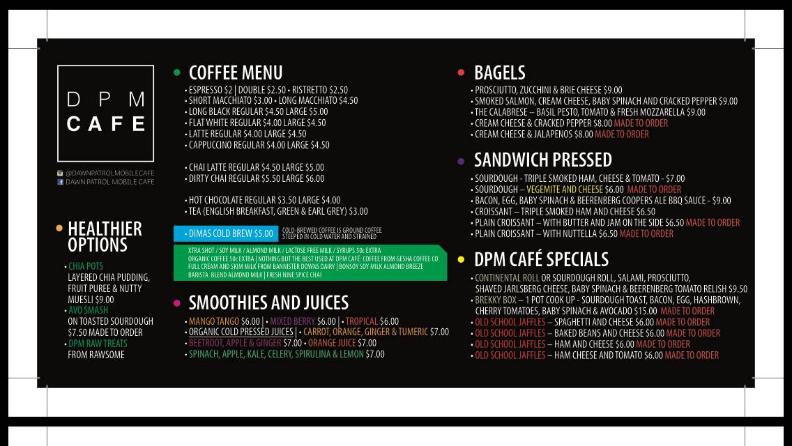 Menu at DPM Cafe, Mandurah
