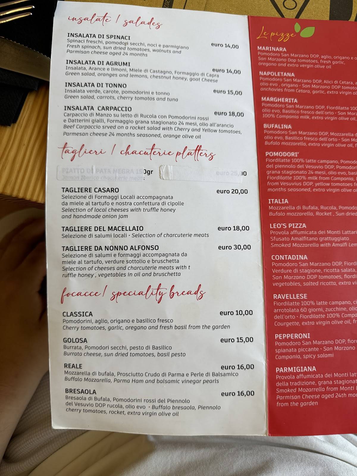 Menu at Da Nonno Alfonso! Ravello pizza class restaurant, Ravello
