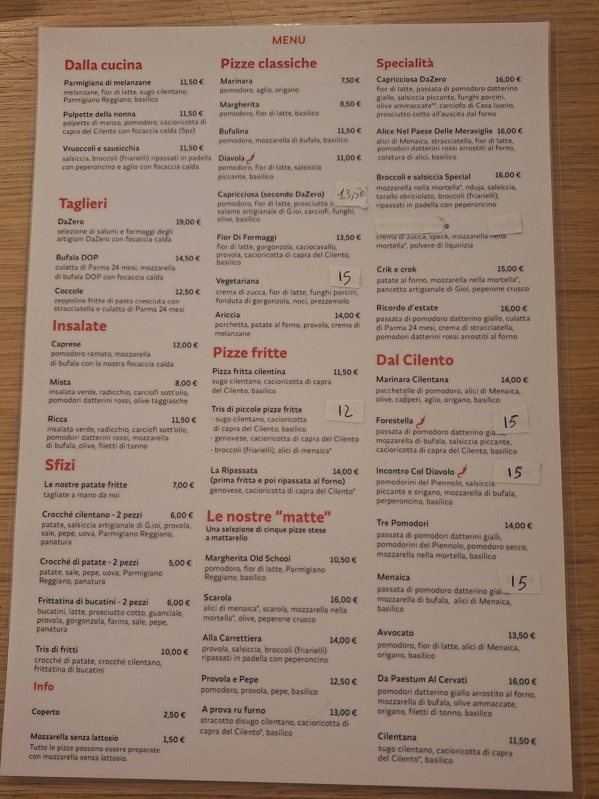 Menu at Da Zero restaurant, Bologna