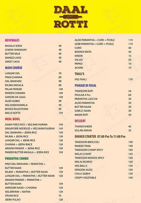 Menu at Daal Rotti, Chennai, 9