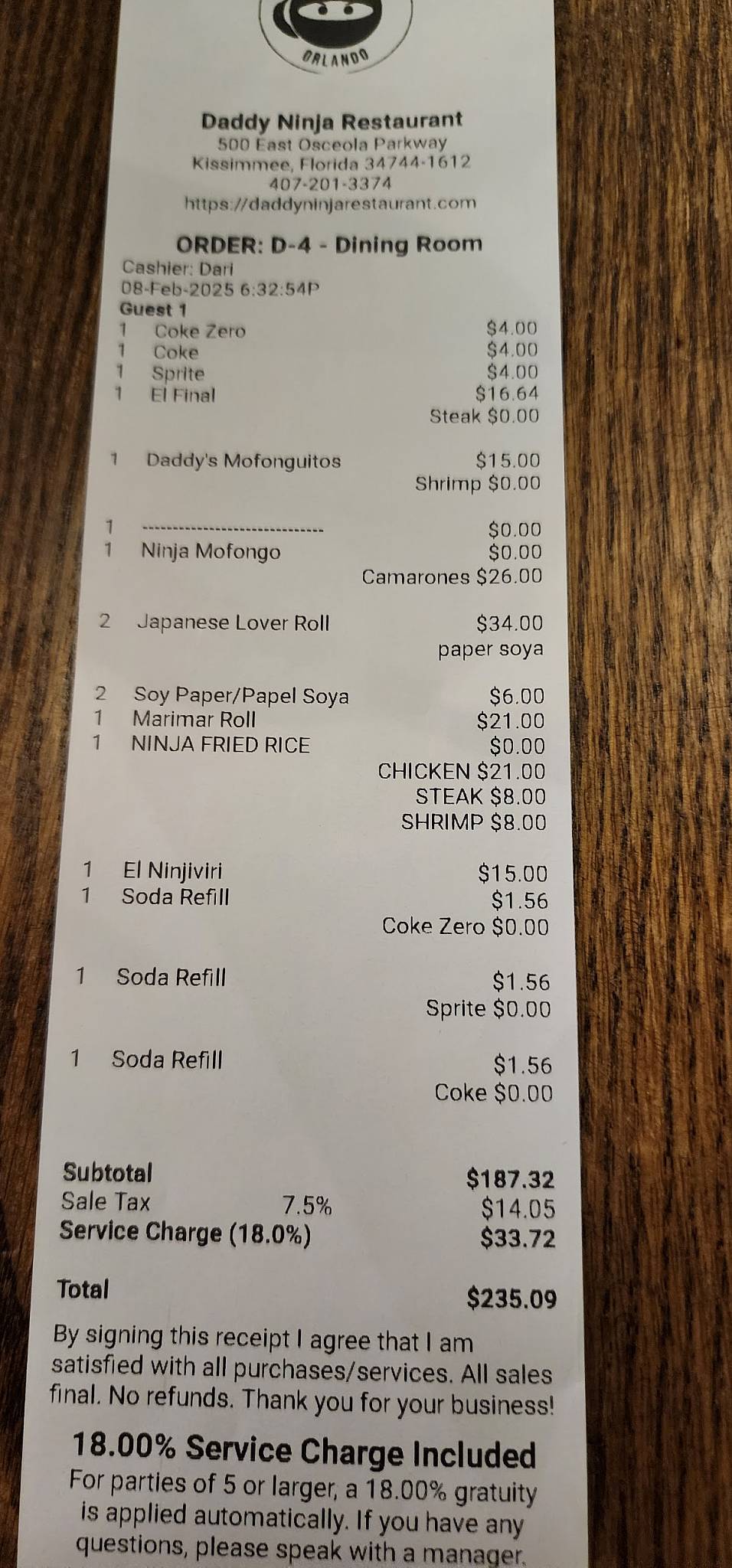 Menu at Daddy Ninja Restaurant, Kissimmee