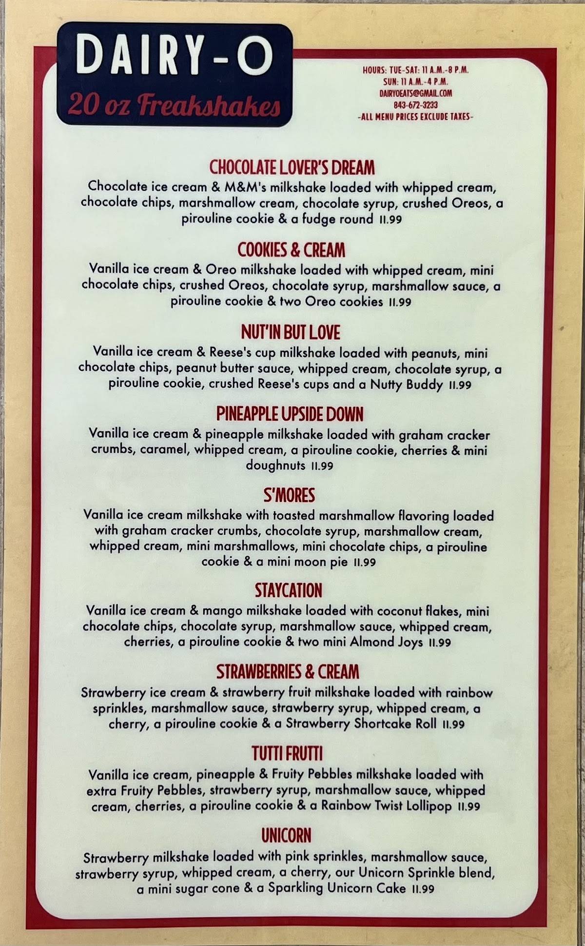 Menu at Dairy-O restaurant, USA, 20 Landsford Rd
