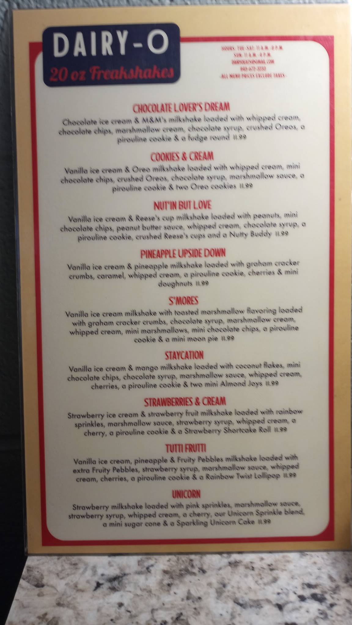 Menu at Dairy-O restaurant, USA, 20 Landsford Rd