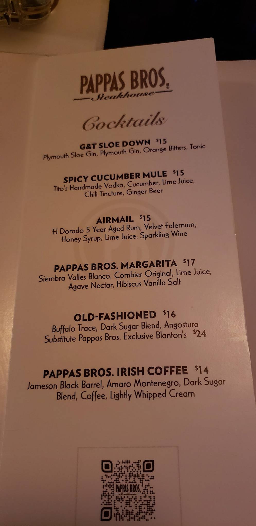 Menu at Pappas Bros. Steakhouse, Dallas