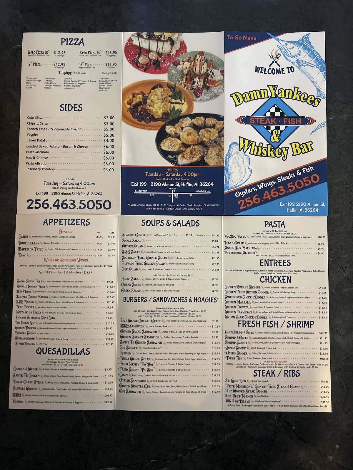 Menu at DamnYankees restaurant, Heflin