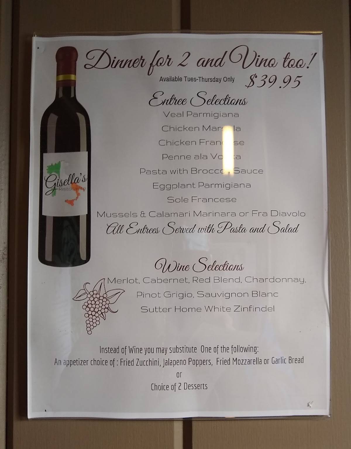 Menu at Gisella's Ristorante pizzeria, Danbury