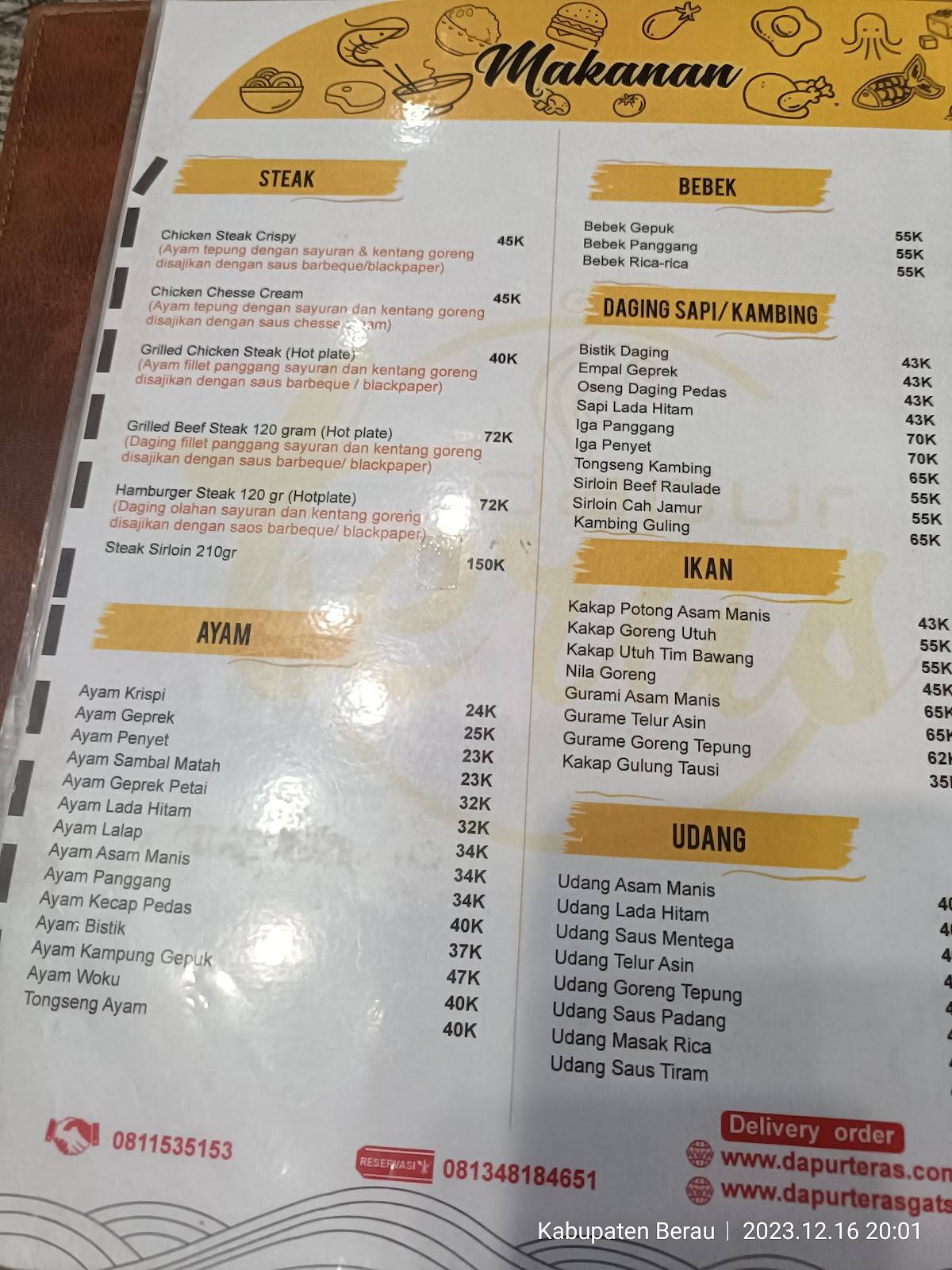 Menu at Dapur Teras GATSU restaurant, Indonesia